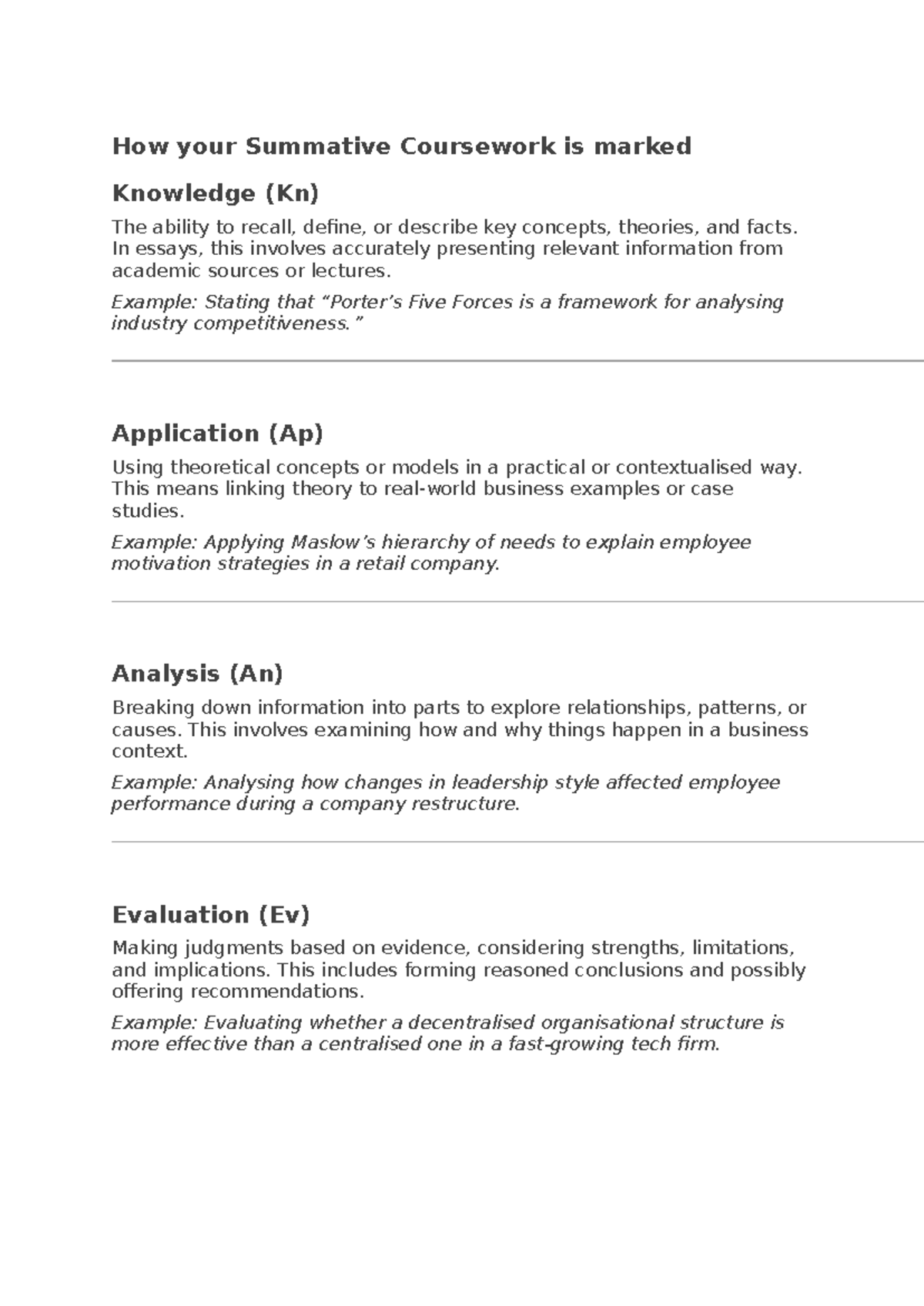 Summative Coursework Marking Criteria: Knowledge, Application, Analysis, - Studocu