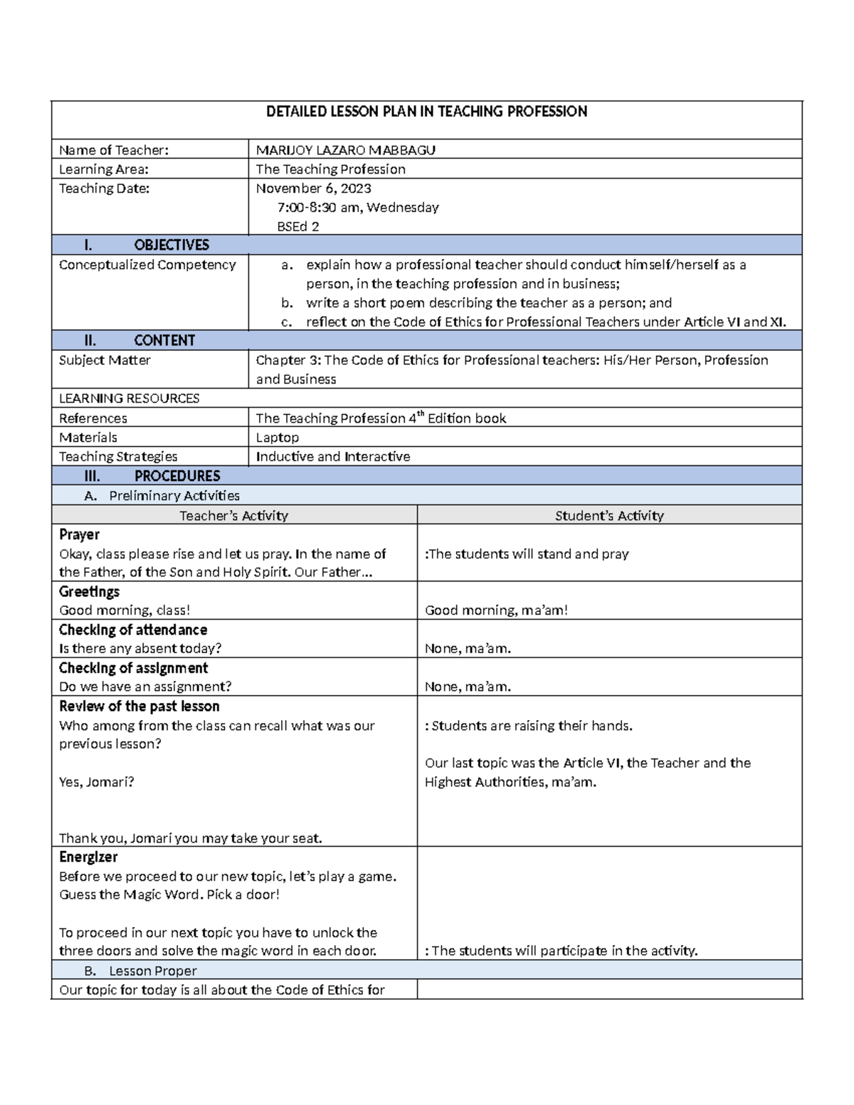 DLP - Detailed Lesson Plan on Ethics in Teaching: Articles IV & XI ...