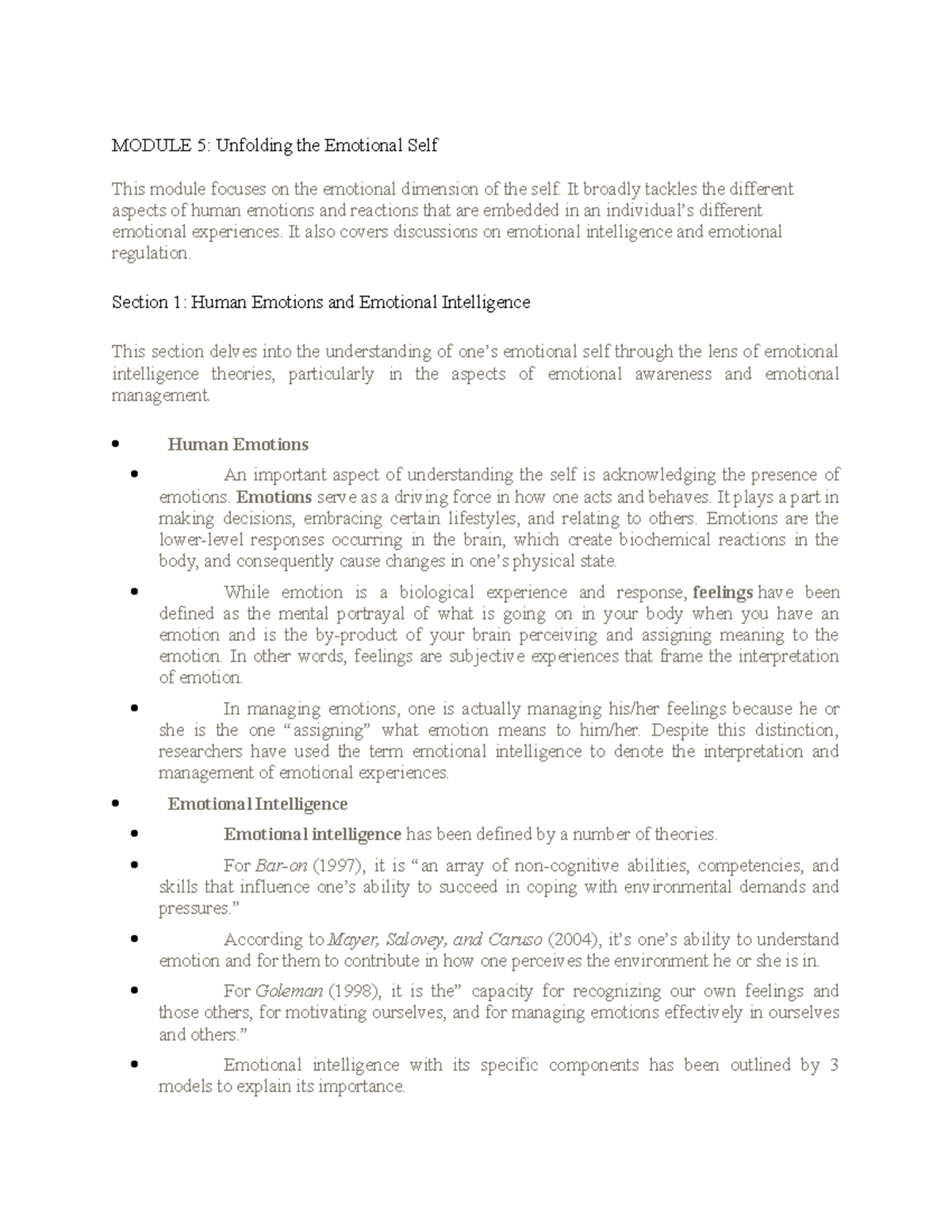 Module 5 Understanding the Self - MODULE 5: Unfolding the Emotional Self This module focuses on ...