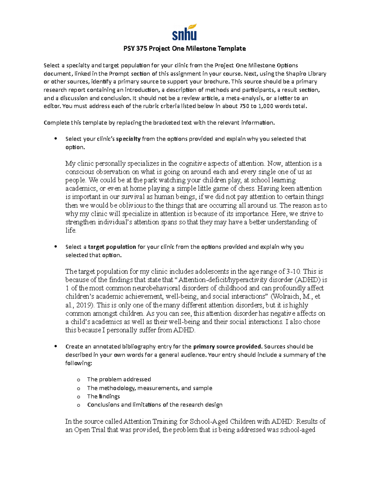 PSY-375 Project One Milestone: Specializing in ADHD Interventions - Studocu