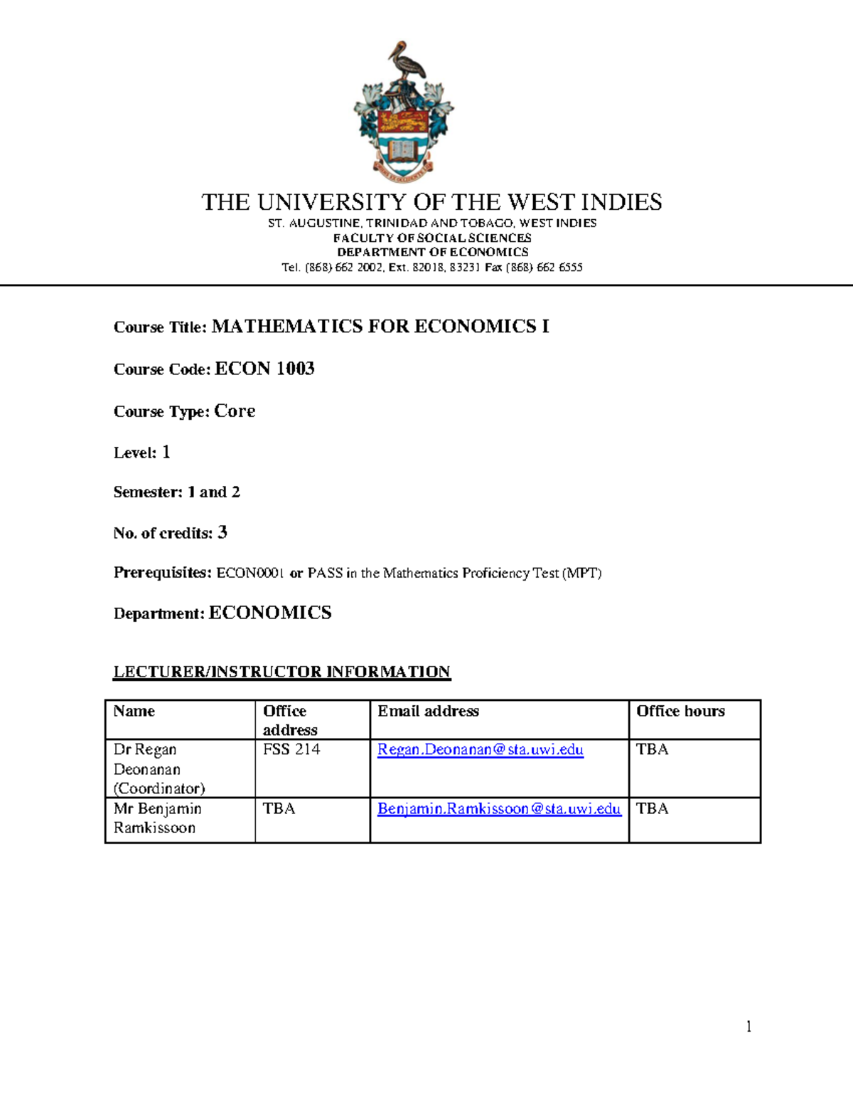 ECON 1003 Mathematics for Economics I Course Outline 2023-2024 Sem II ...