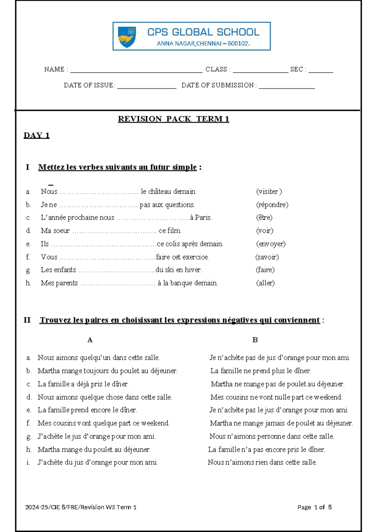 Revision worksheet pack French Term 1 CIE 8 (2) - REVISION PACK TERM 1 ...