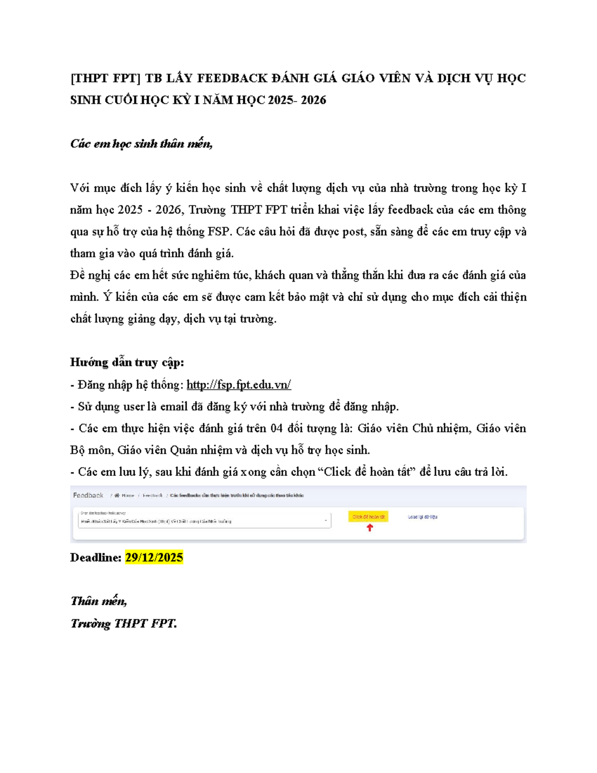 TB Lấy Feedback Đánh Giá Giáo Viên và Dịch Vụ Học Sinh HK I 2025-2026 ...