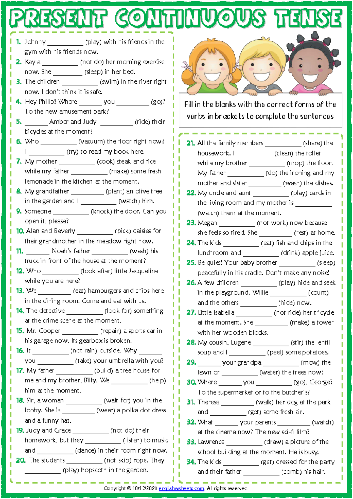 PRESENT CONTINUOUS TENSE ESL Gap Fill Exercise Worksheet - Studocu