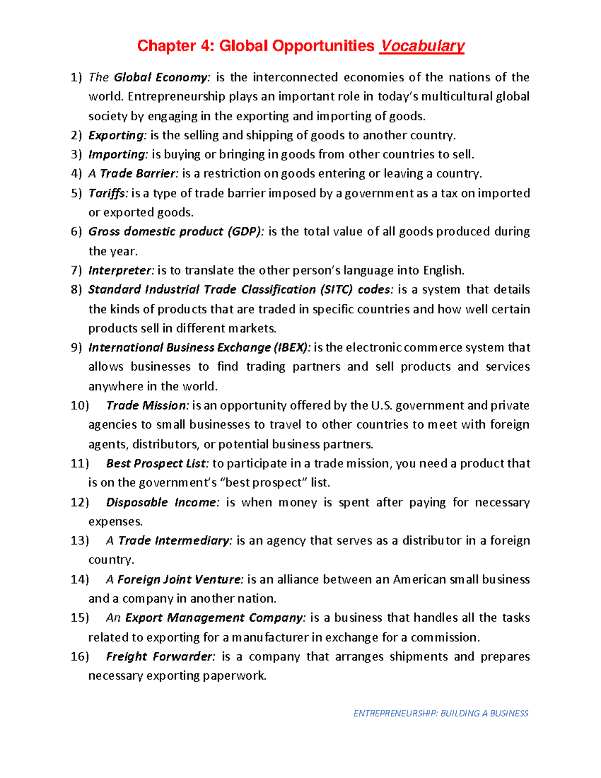 Entrepreneurship: Chapter 4 - Global Opportunities Vocabulary Guide ...
