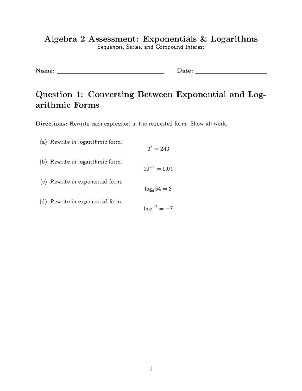 Algebra 2 Assessment: Exponentials, Logarithms & Sequences (MATH 10 ...