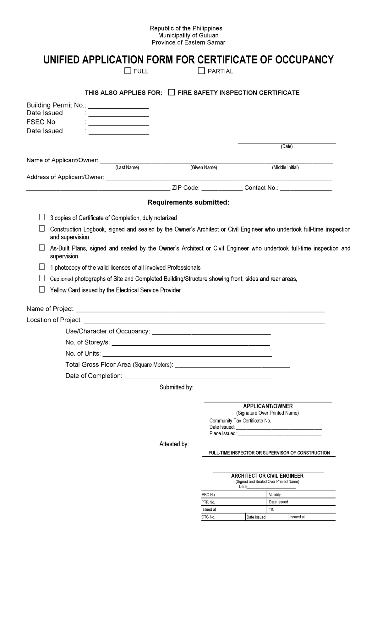 Uniform Application Form for Certificate of Occupancy - Republic of the ...