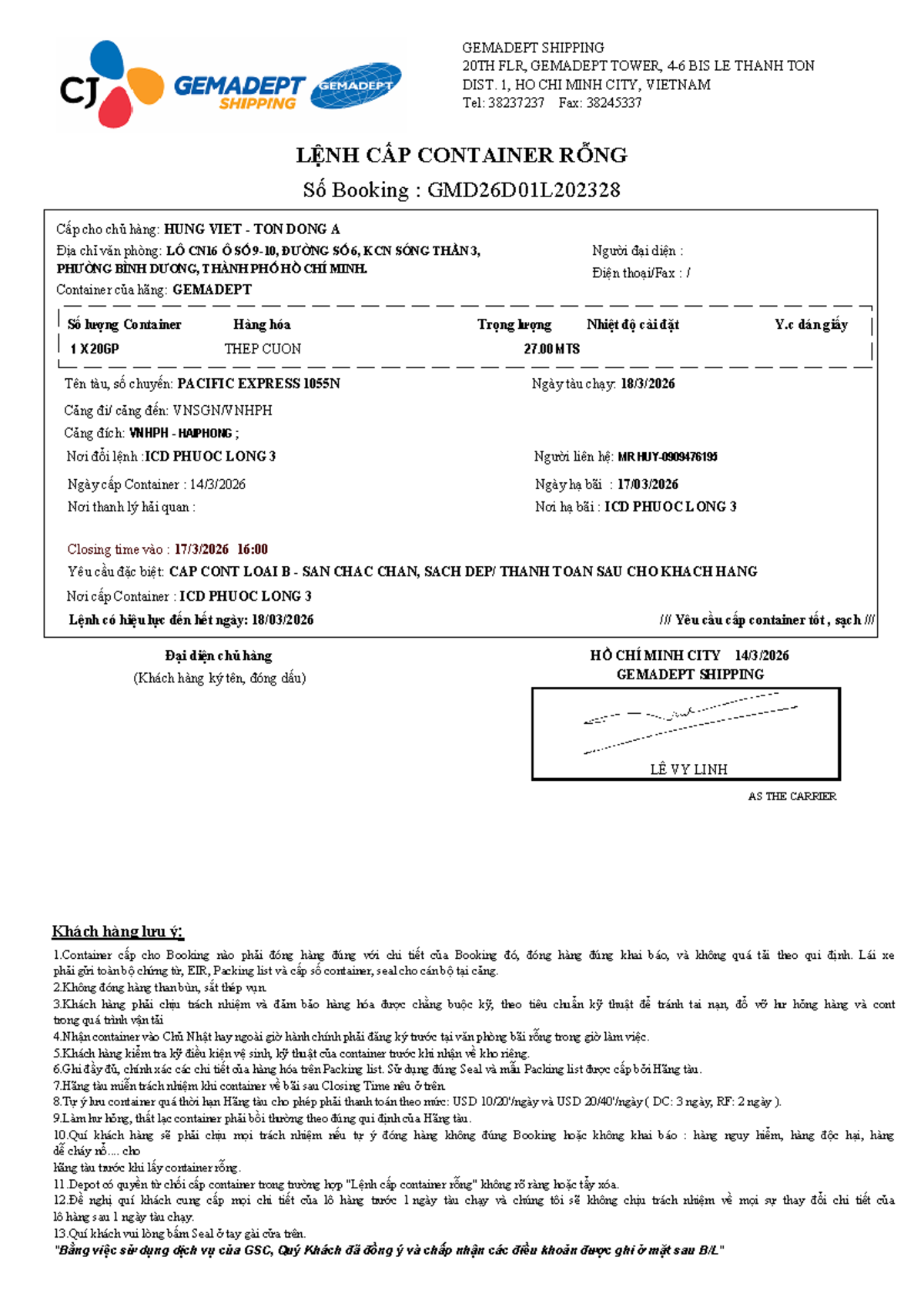GEMADEPT SHIPPING CONTAINER ORDER GMD26D01L202328 - Studocu