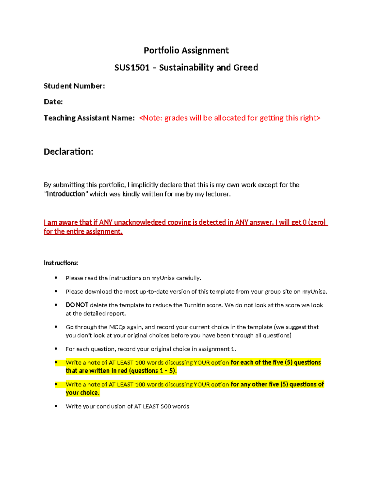 Portfolio Assignment SUS1501: Sustainability Perspectives and Ethical ...