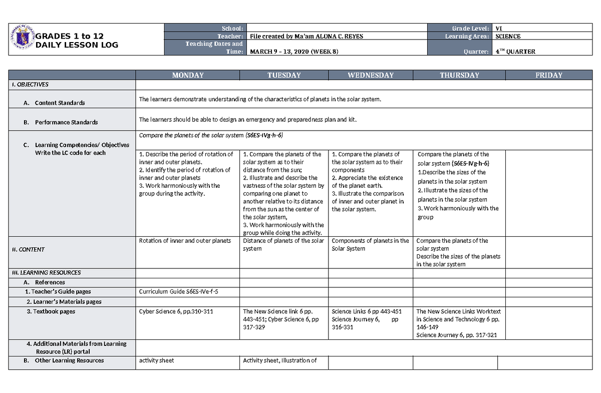 DLL Science 6 Q4 W8: Daily Lesson Log on Solar System - Studocu
