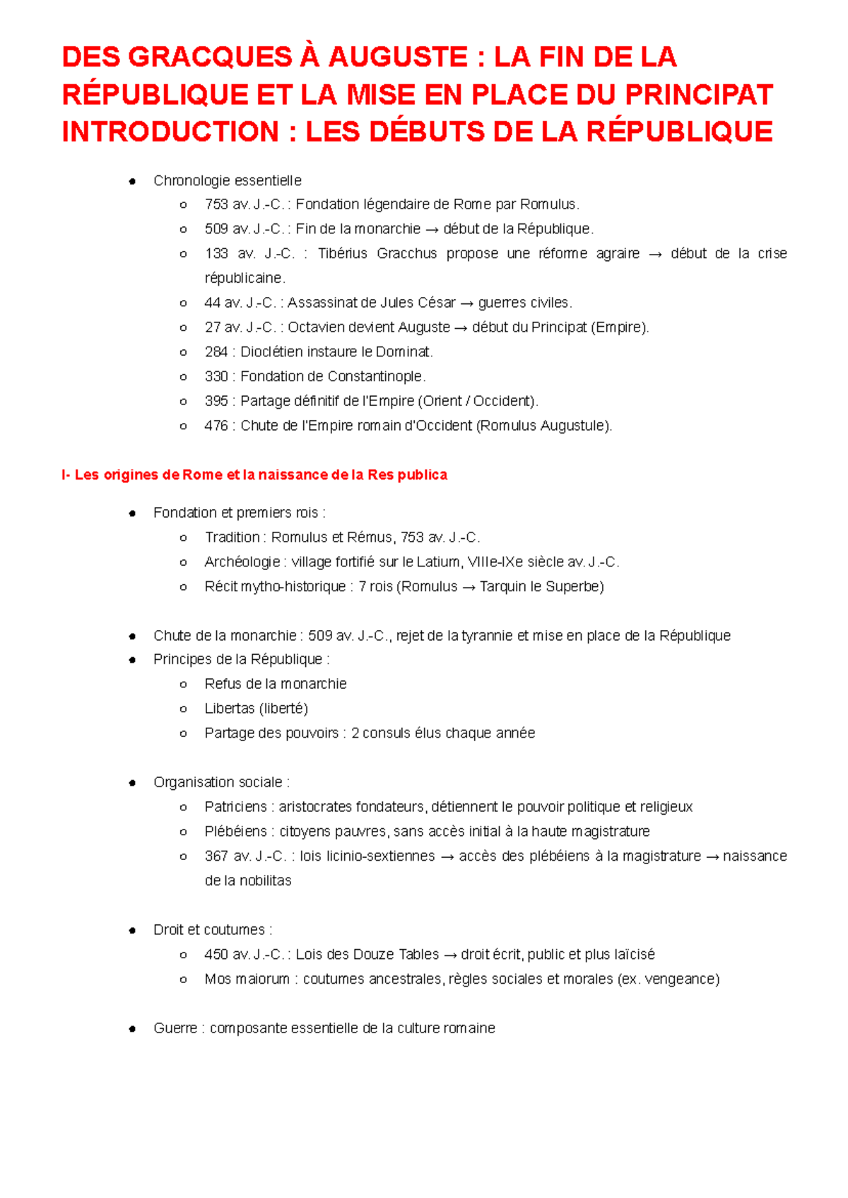 Fiches de Révision Histoire Antique : La Fin de la République et le ...