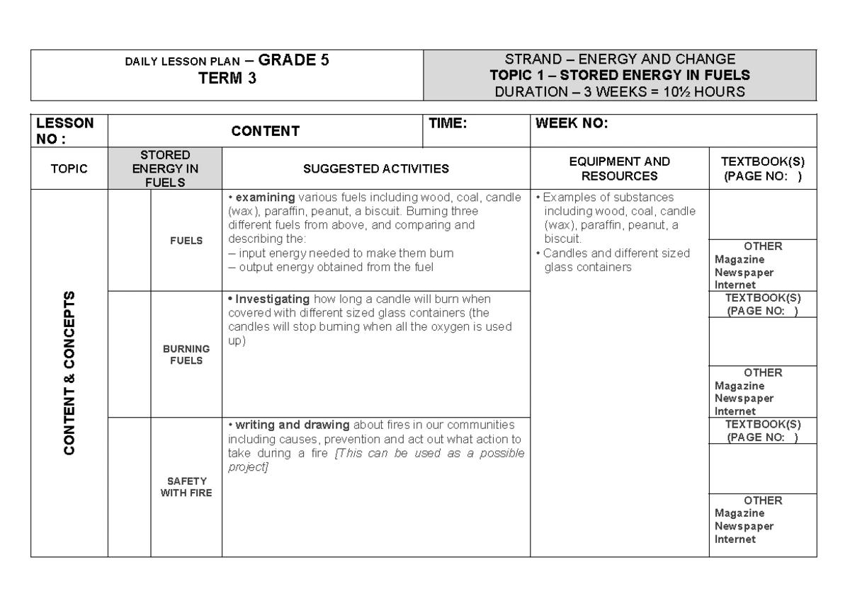 5 GR T3 Topic 2 Daily Lesson Plan: Energy and Electricity - Studocu