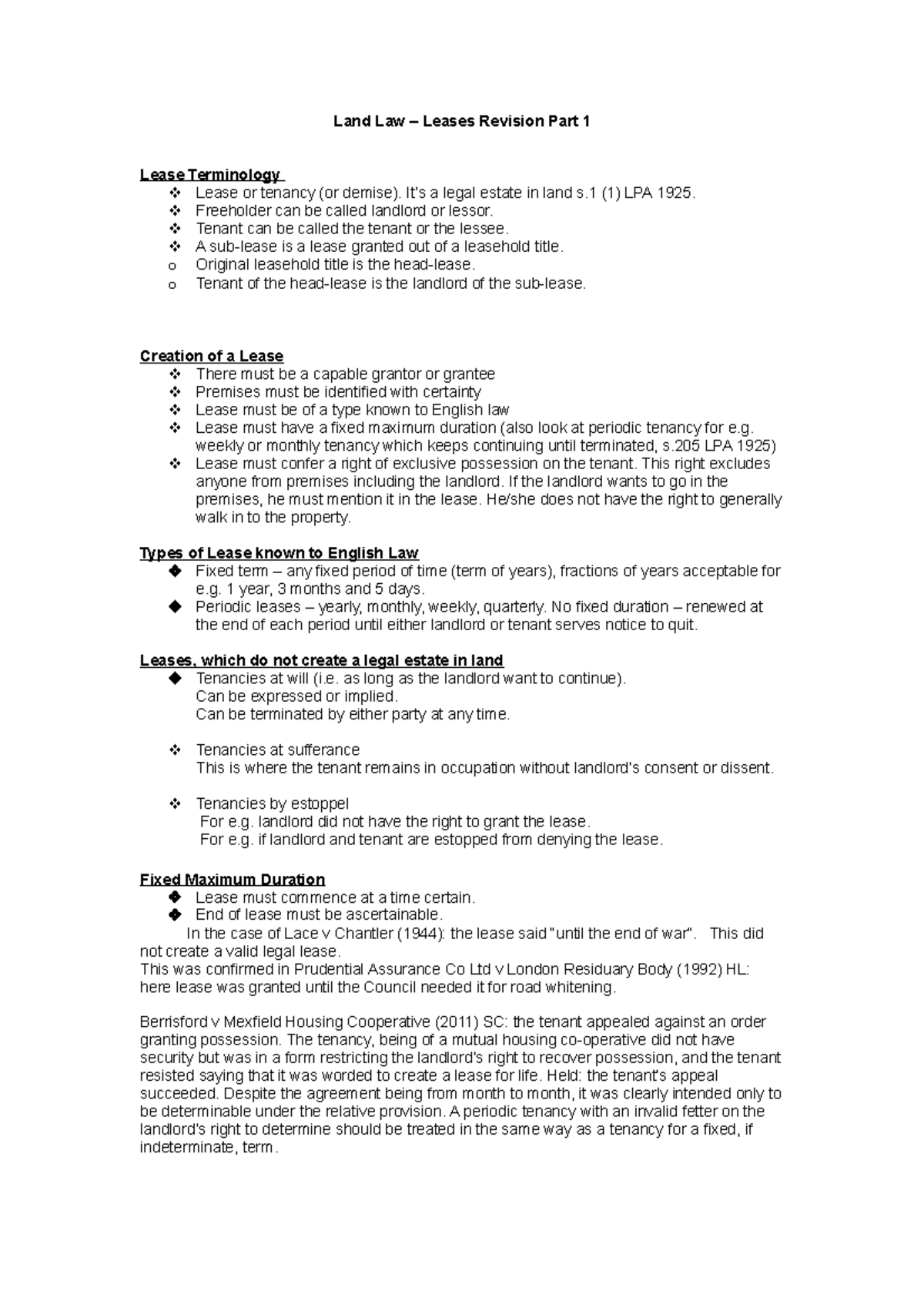 Land Law – Leases Summary Notes for Effective Revision - Studocu