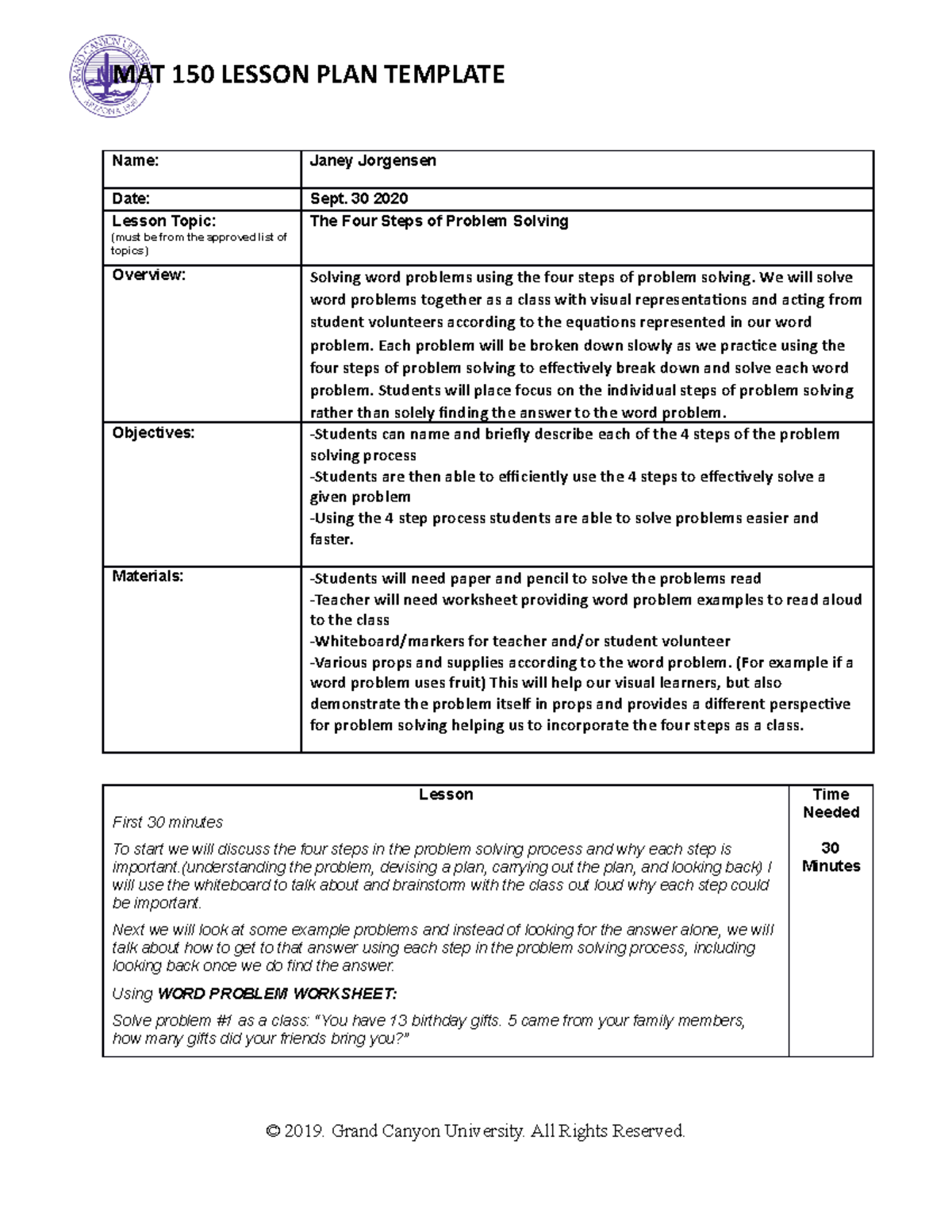 MAT 150 Lesson Plan 1 - MAT 150 LESSON PLAN TEMPLATE Name: Janey ...