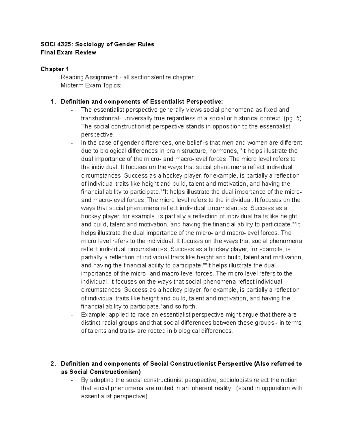 Final review + Midterm Soci Inequal - SOCI 4325: Sociology of Gender ...