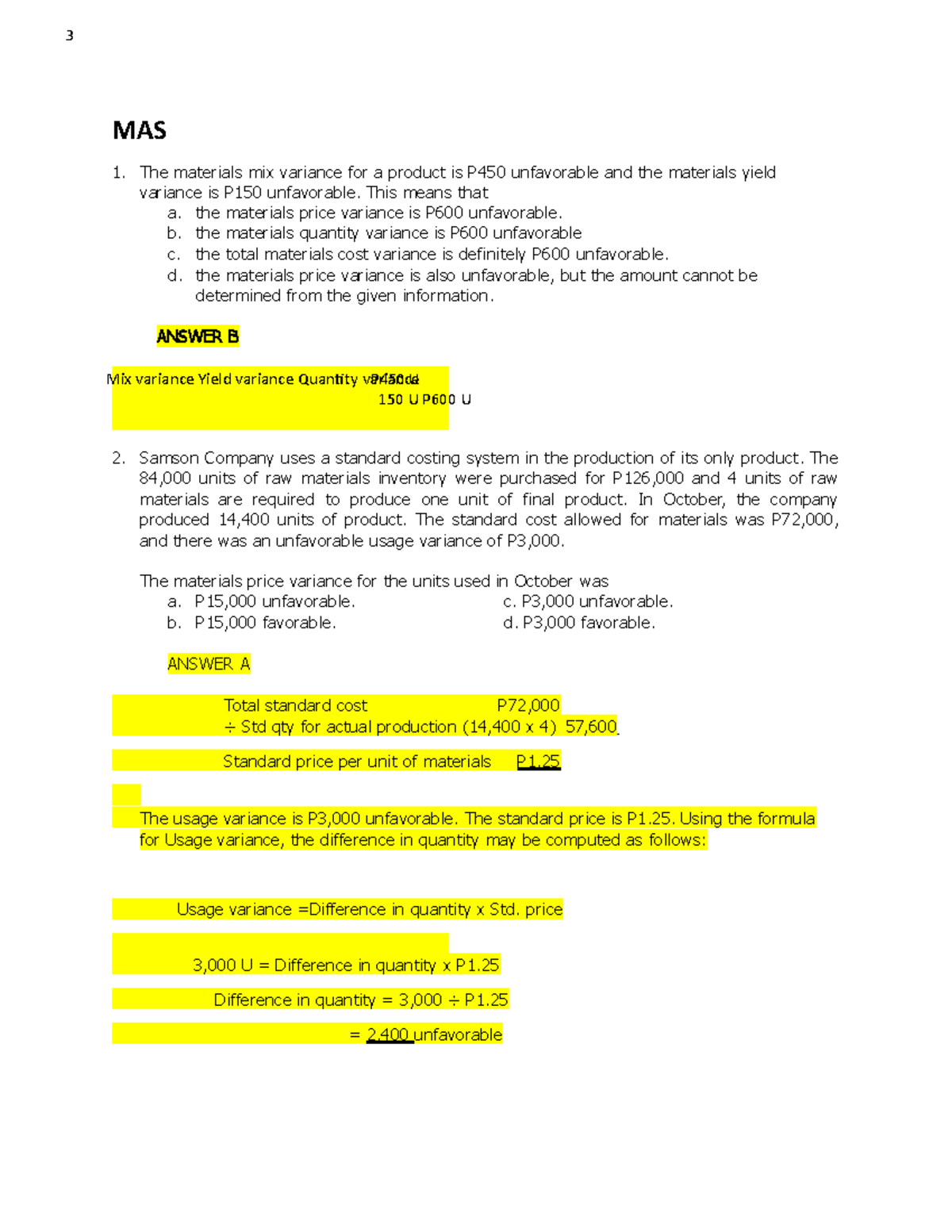 MAS 3 Answer Key: Variance and Cost Analysis Solutions - Studocu