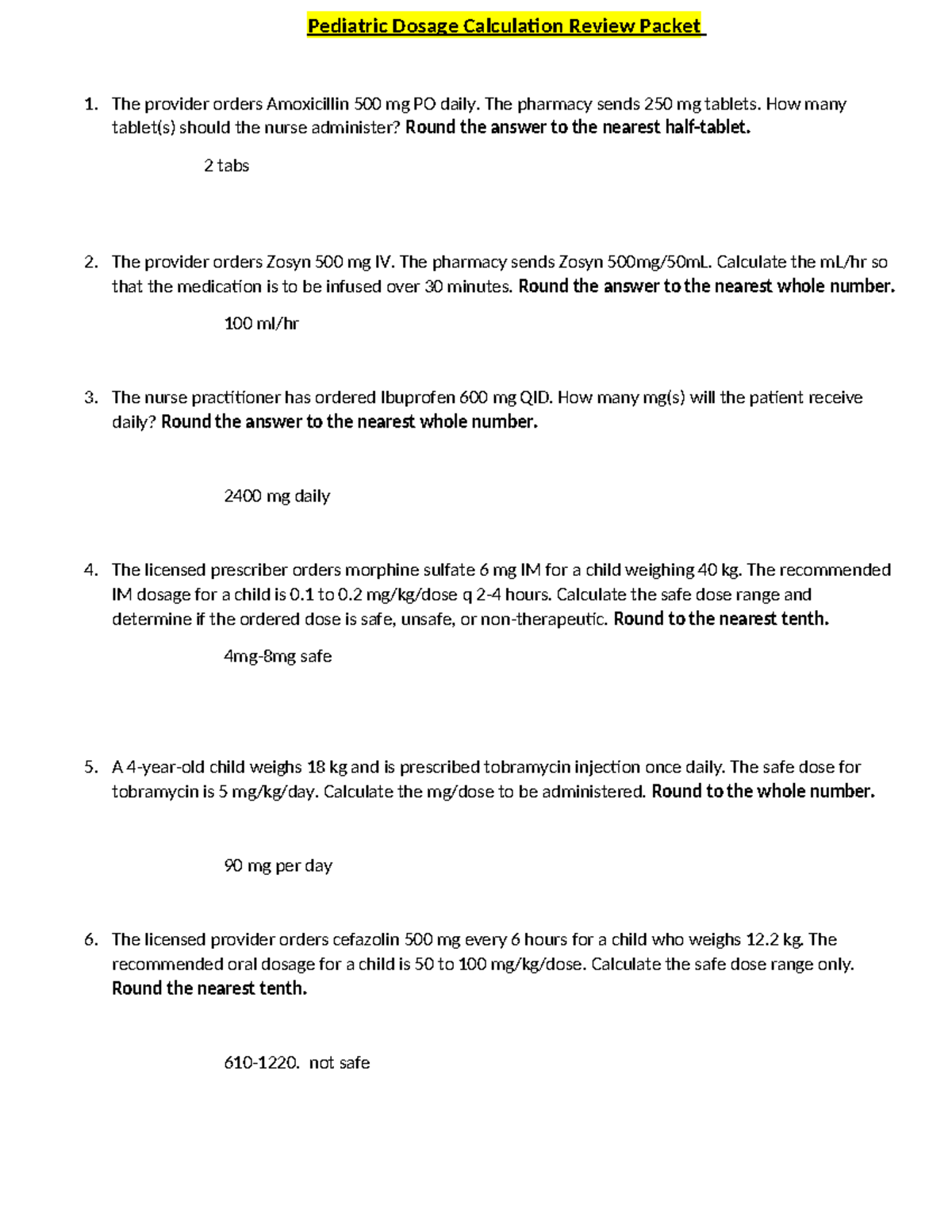 Pediatric Dosage Calculation Review Packet: Practice Problems ...