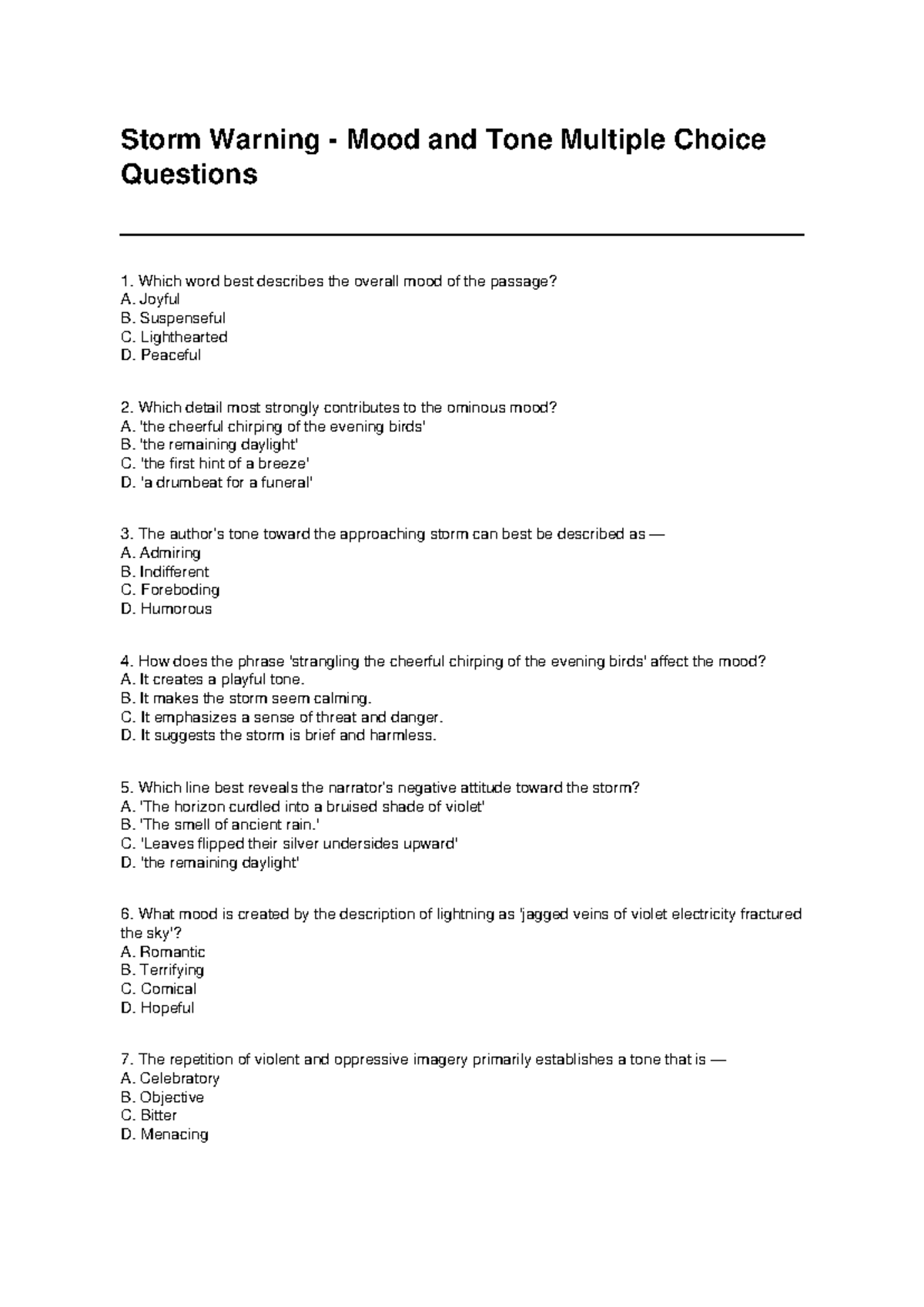ENG 101: Storm Warning Mood and Tone MCQ Review - Studocu