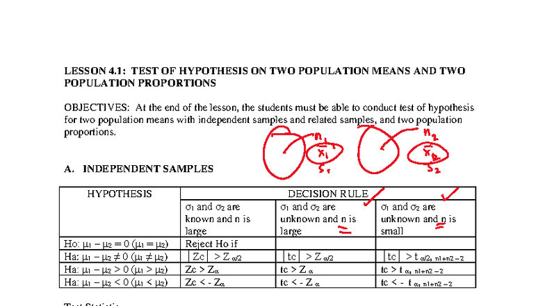 LESSON 4.1: TEST OF HYPOTHESIS ON TWO POPULATION MEANS & PROPORTIONS ...