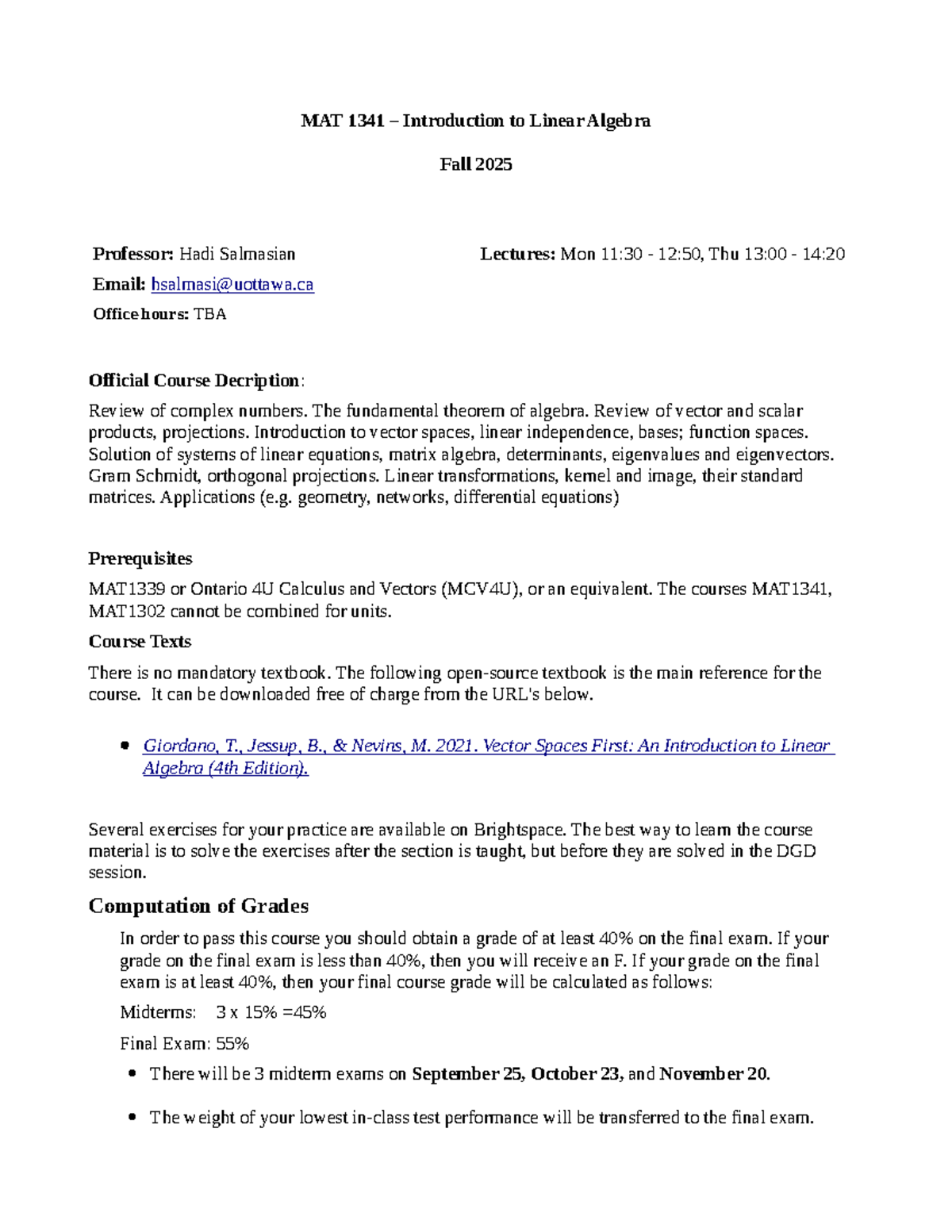 MAT 1341 Linear Algebra Course Outline - Fall 2025 - Studocu