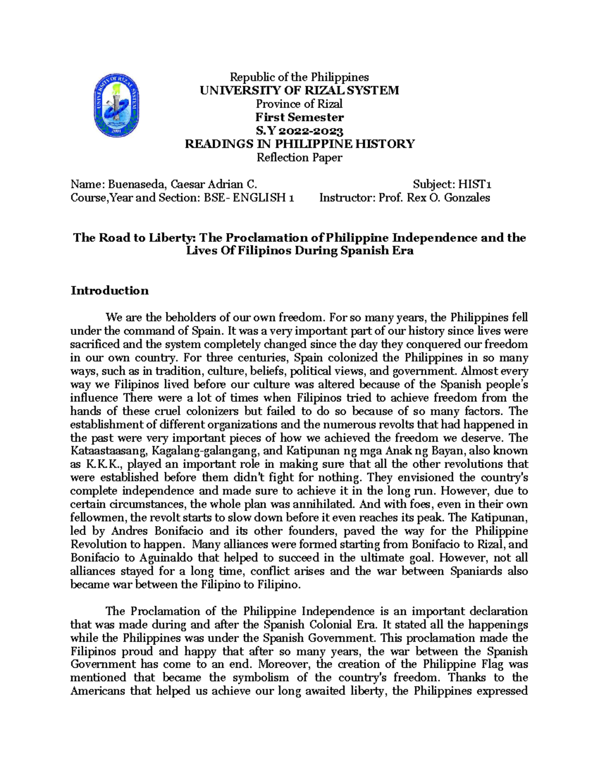 Reflection Paper on the Proclamation of Philippine Independence (HIST ...