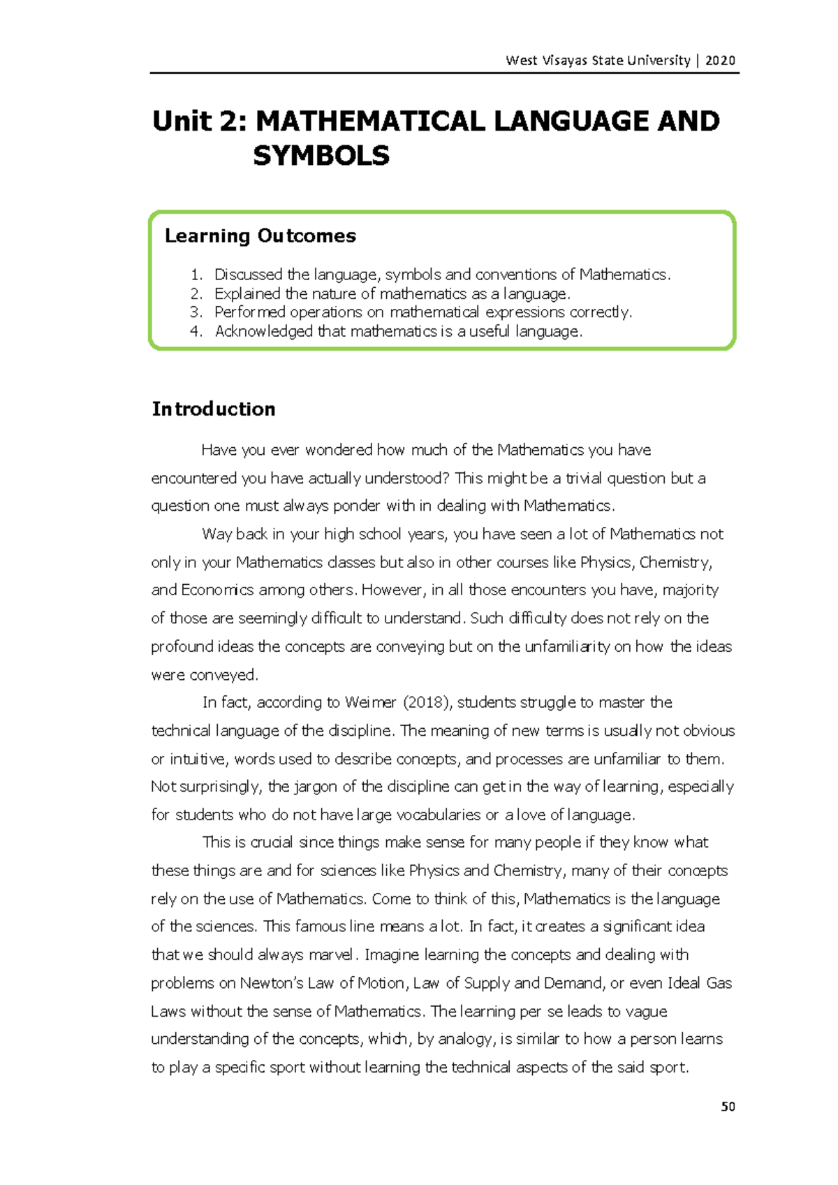 Unit 2: MATHEMATICAL LANGUAGE AND SYMBOLS - Learning Outcomes and Insights - Studocu