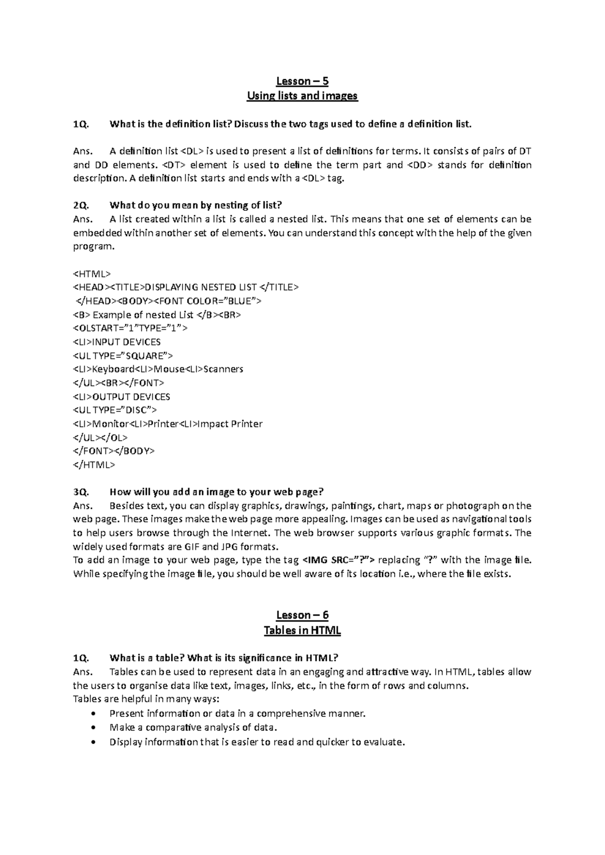 9th Class Notes - Lesson 5 & 6: Lists, Images, and Tables in HTML - Studocu