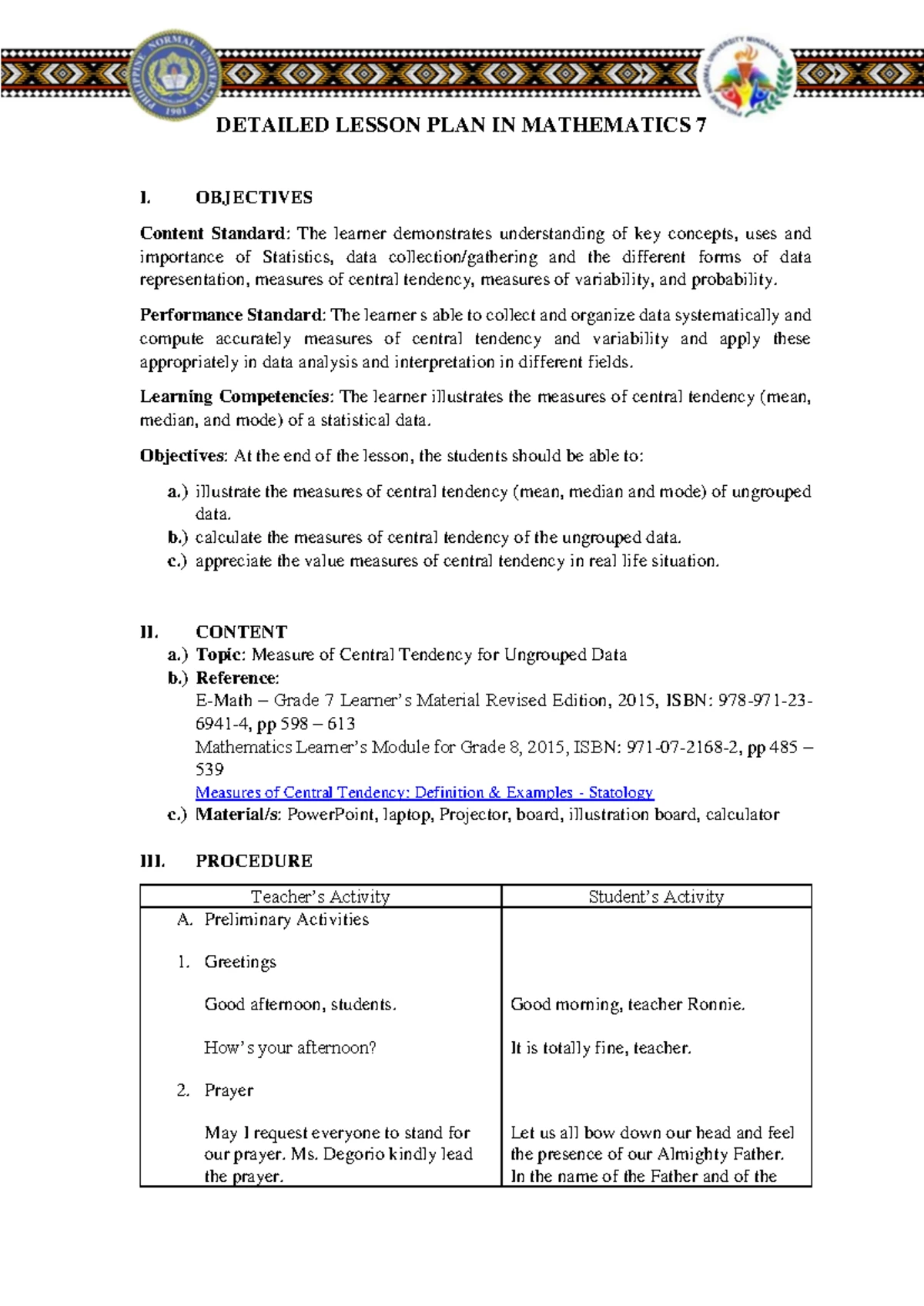 MATH 7 Q1 WK6 DLL - MATATAG 7 CUR - GRADES 1 to 12 DAILY LESSON LOG School: MAGLAMBING ...