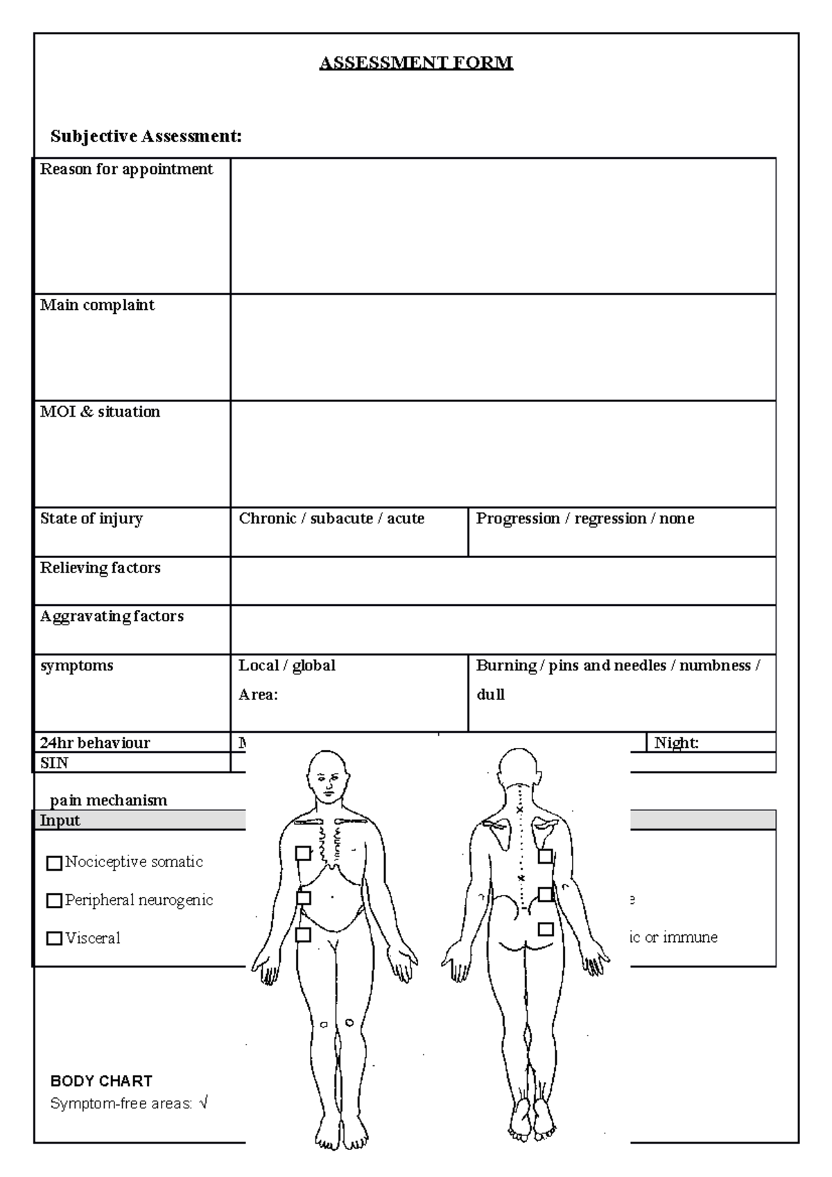 Assessment FORM - ASSESSMENT FORM Subjective Assessment: Reason for ...