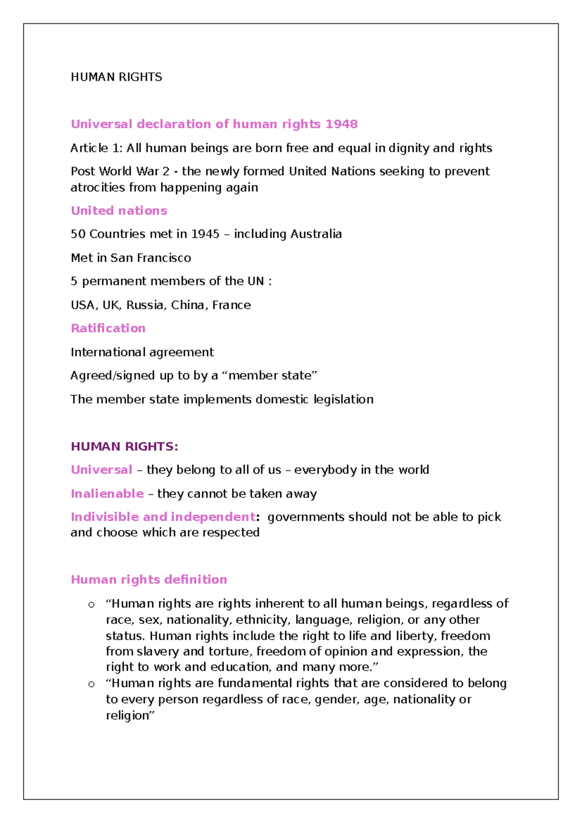 Human Rights - Unit 4 Study Notes on Universal Declaration 1948 - Studocu