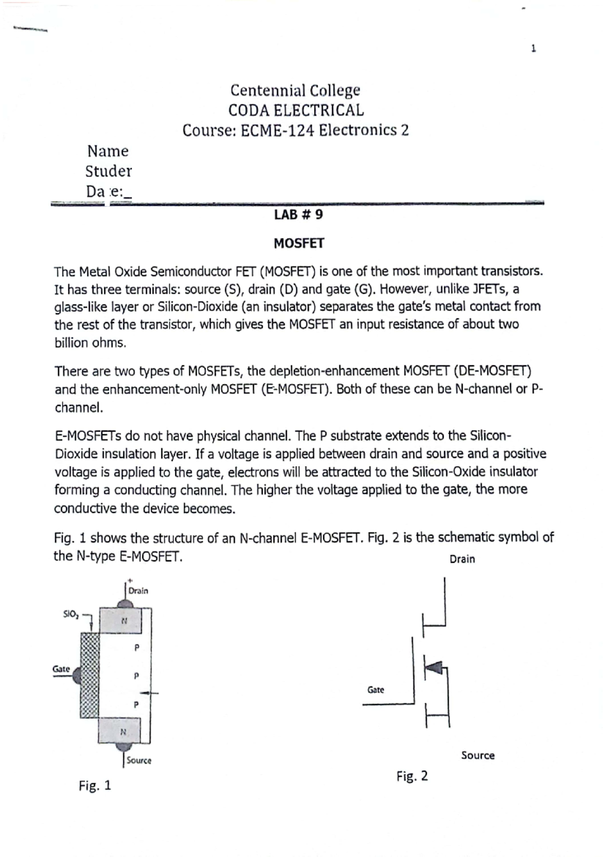 Lab #9 - Mosfet - answers given for this lab - 1 Centennial College ...