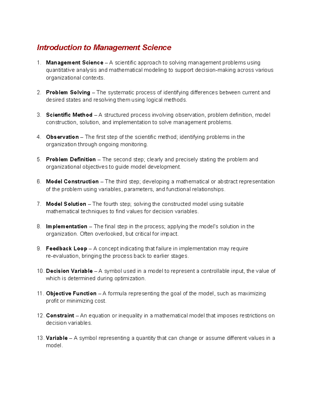 Management Science (MGT 301) Midterm Study Guide - Studocu