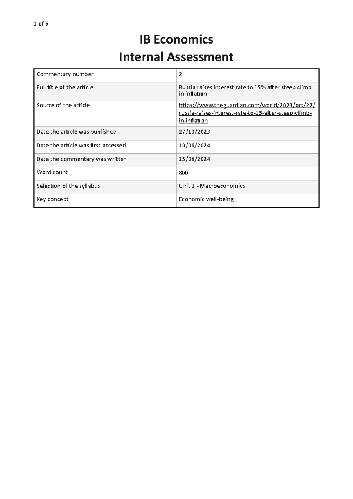IB Economics IA: Analysis of Russia's Interest Rate Hike and Inflation ...