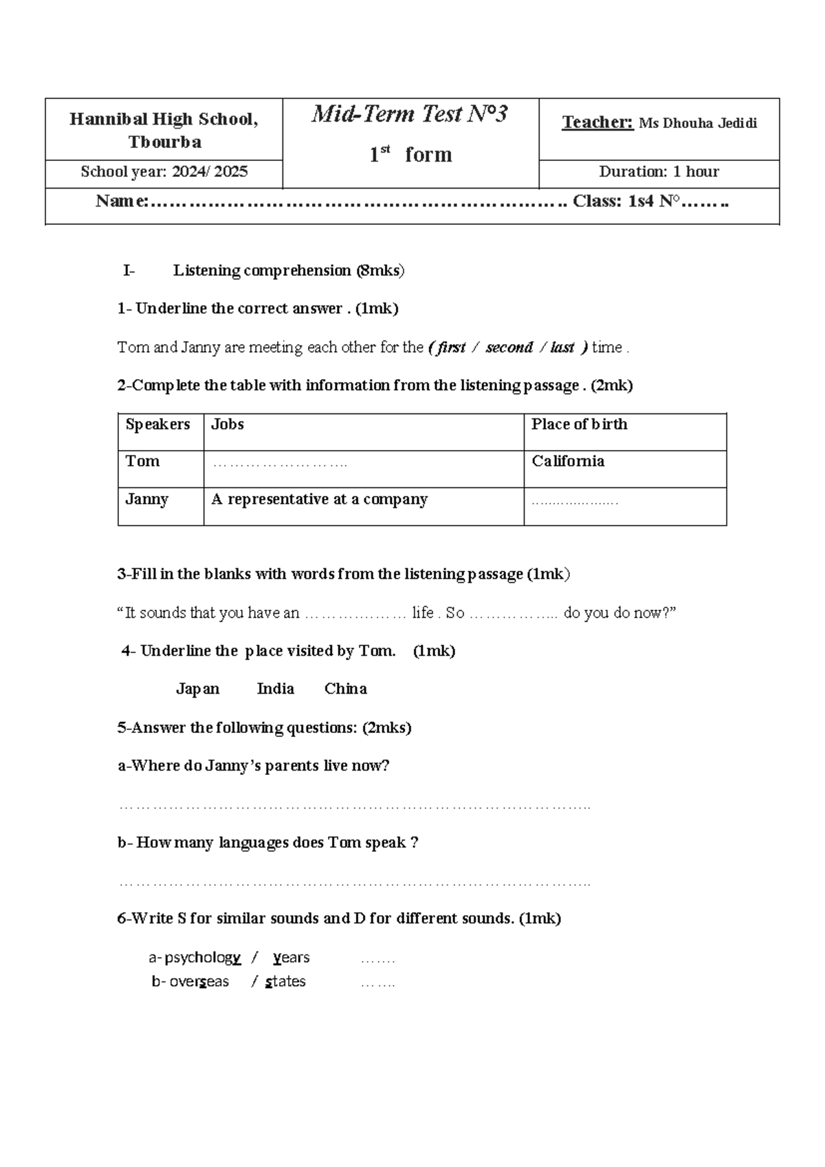 1S4 Listening Comprehension Test - English Language Skills - Studocu
