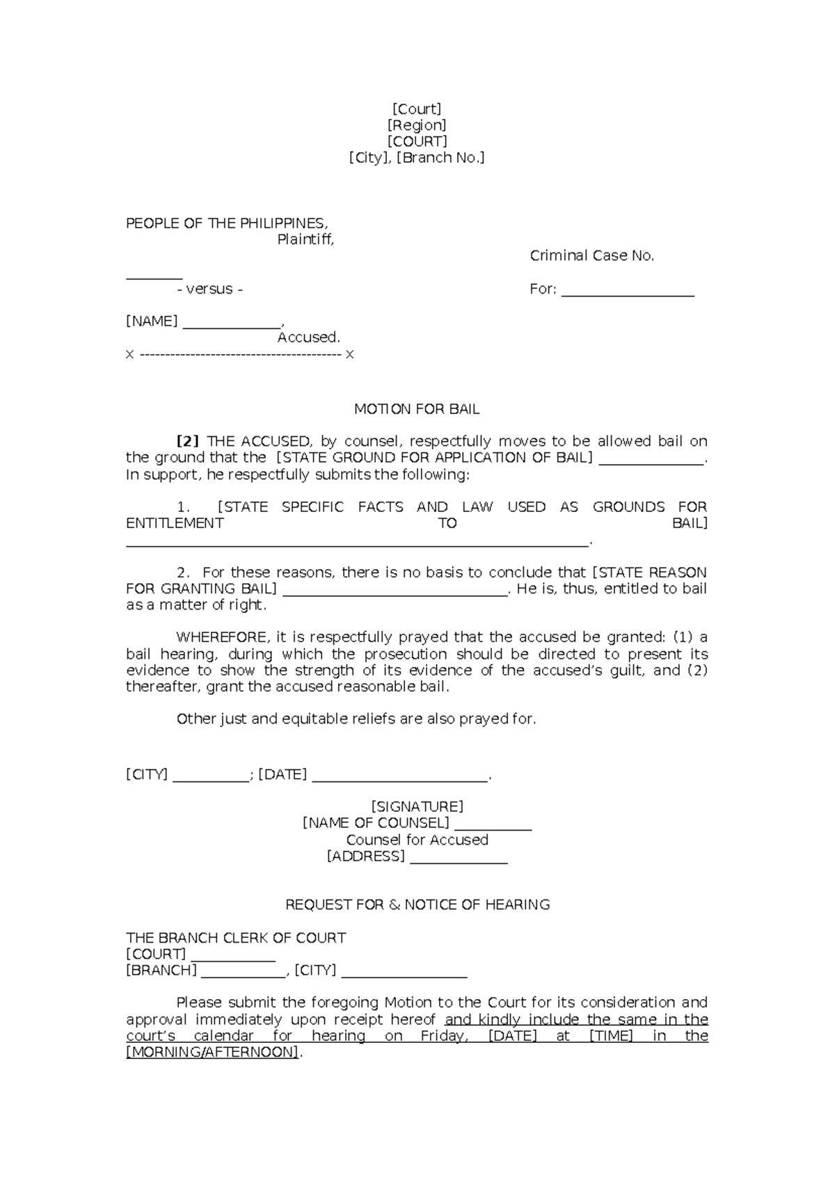MOTION FOR BAIL IN CRIMINAL CASE NO. ________ - PEOPLE VS. [NAME] - Studocu