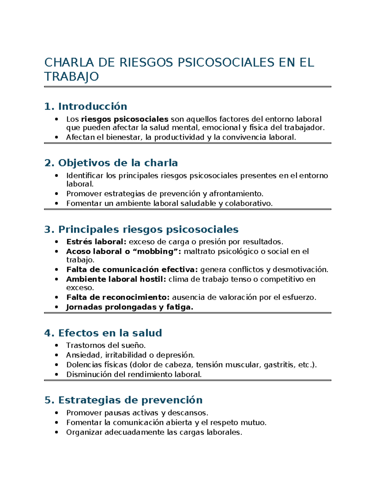 CHARLA SOBRE RIESGOS PSICOSOCIALES EN EL TRABAJO - Studocu