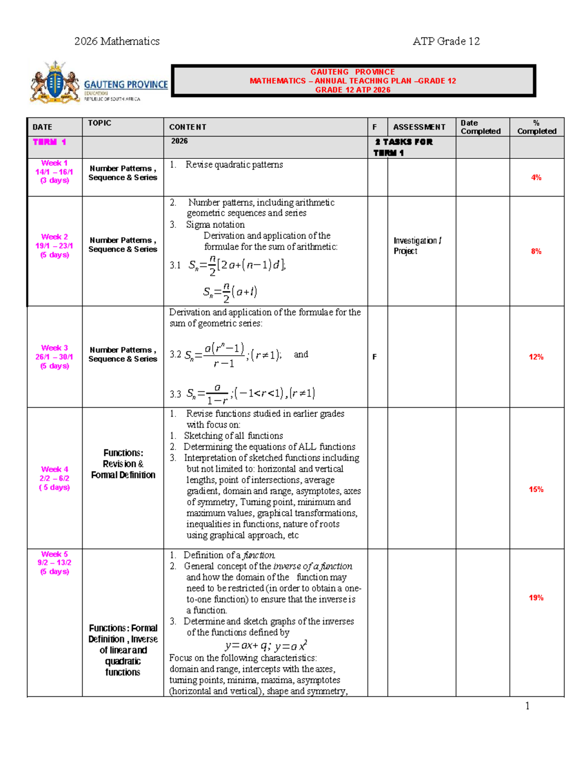 2026 Mathematics ATP Grade 12: Gauteng Province Teaching Plan - Studocu