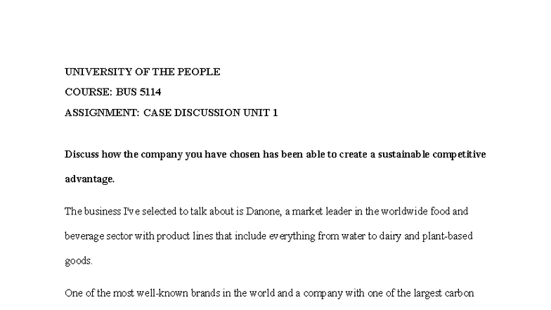 BUS 5114 - Case Study: Danone's Sustainable Competitive Advantage - Studocu