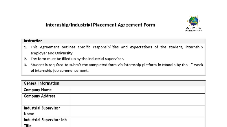 0-4 Internship Placement Agreement Form Instructions Version 2.0 - Studocu