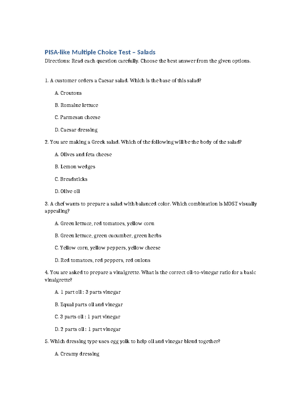 PISA-Like Test on Salads: Multiple Choice Questions - Studocu