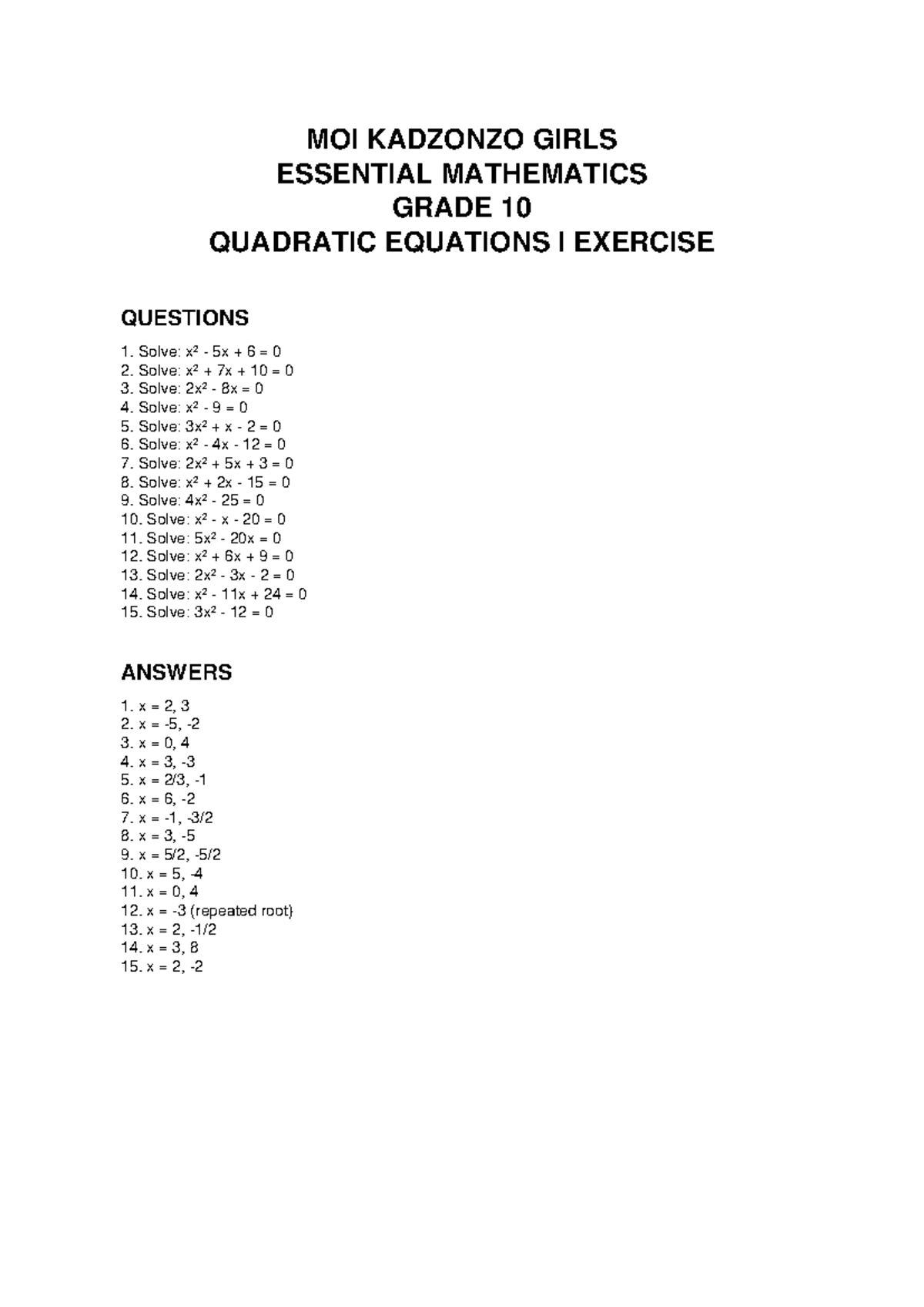 MOI KADZONZO GIRLS GRADE 10 ESSENTIAL MATH QUADRATIC EQNS EXERCISES ...