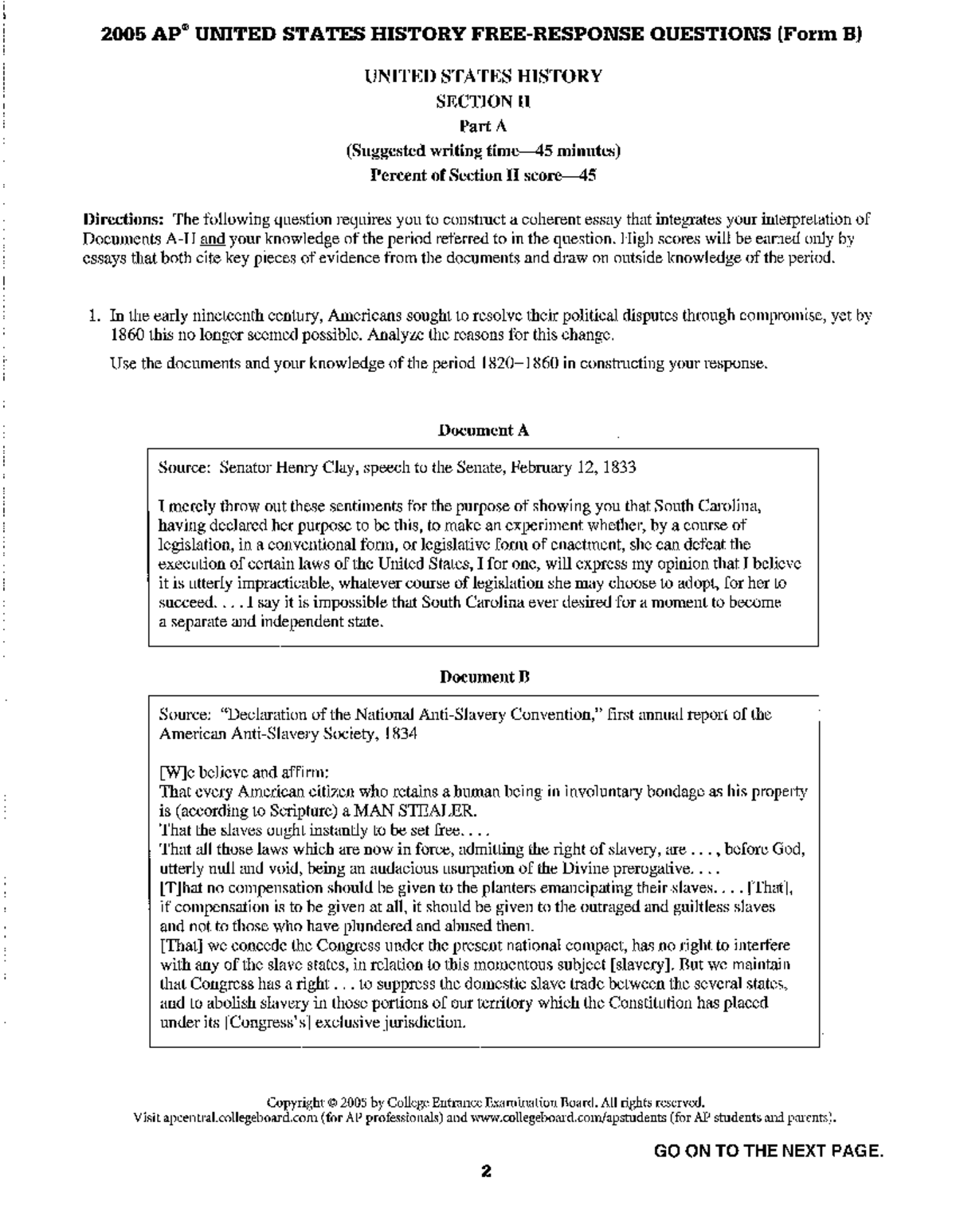Dbq causes of cw 1820-1860 - 2005 AP UNITED STATES HISTORY QUESTIONS ...