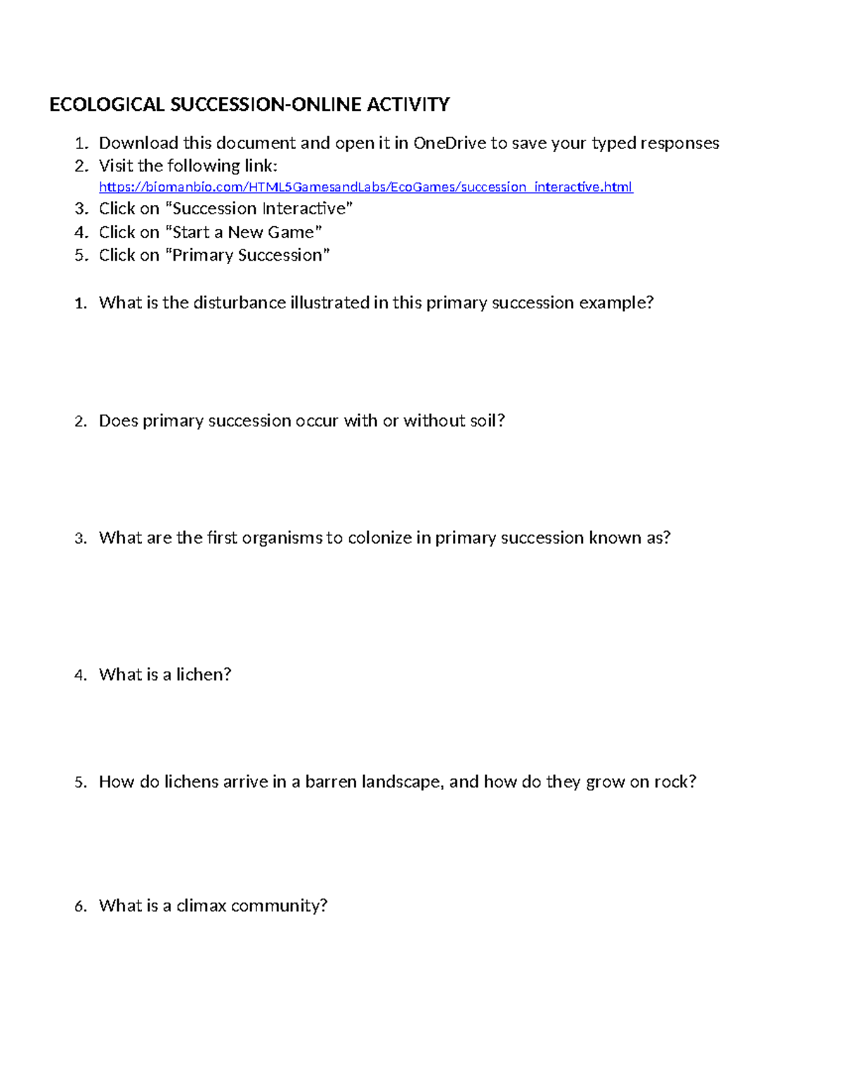 ECO 101: Ecological Succession Interactive Game Worksheet - Studocu