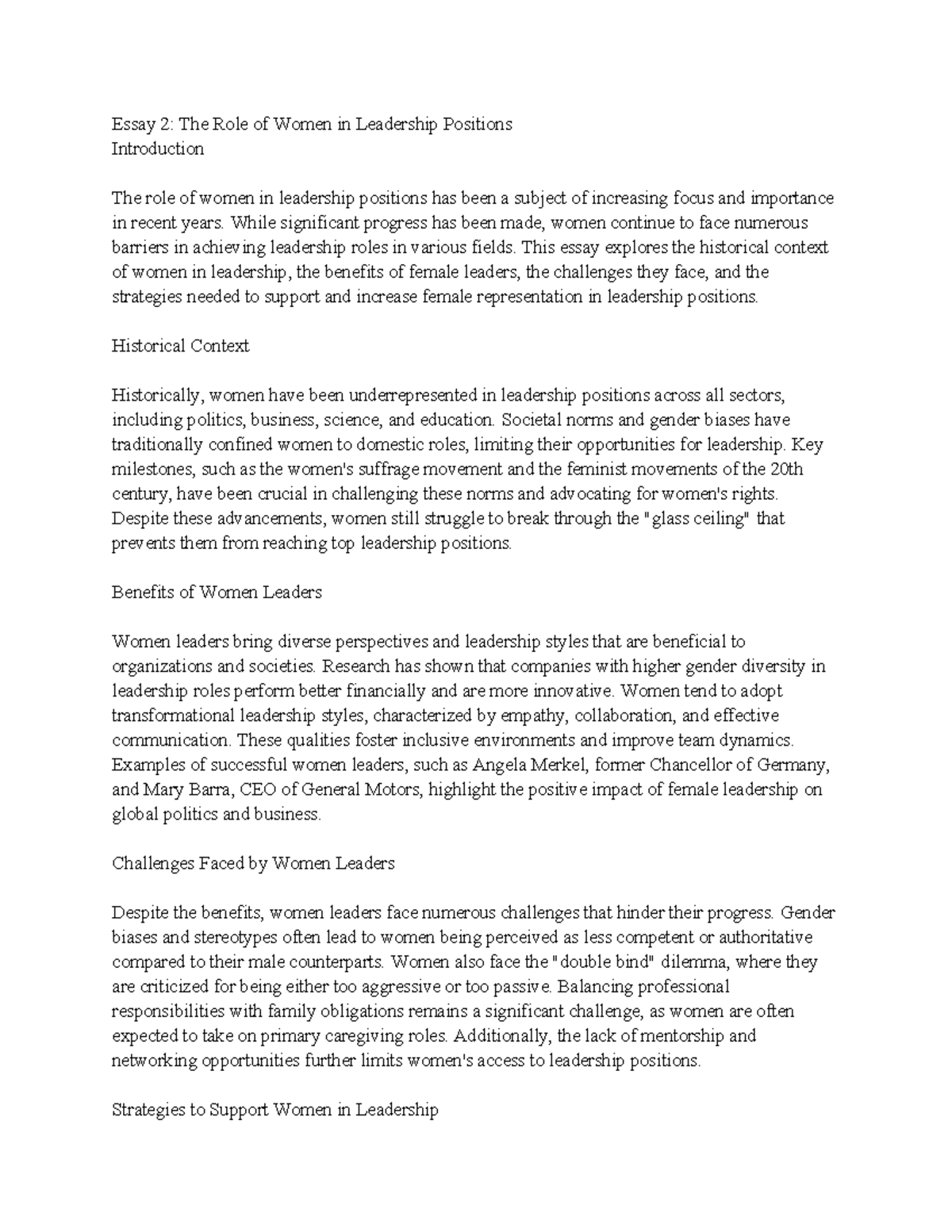 Essay 2: The Role of Women in Leadership Positions and Challenges - Studocu