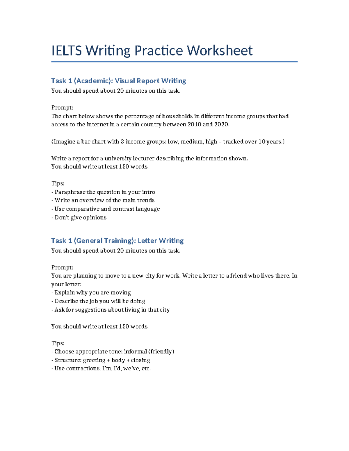 Ielts Writing Practice Worksheet - IELTS Writing Practice Worksheet ...