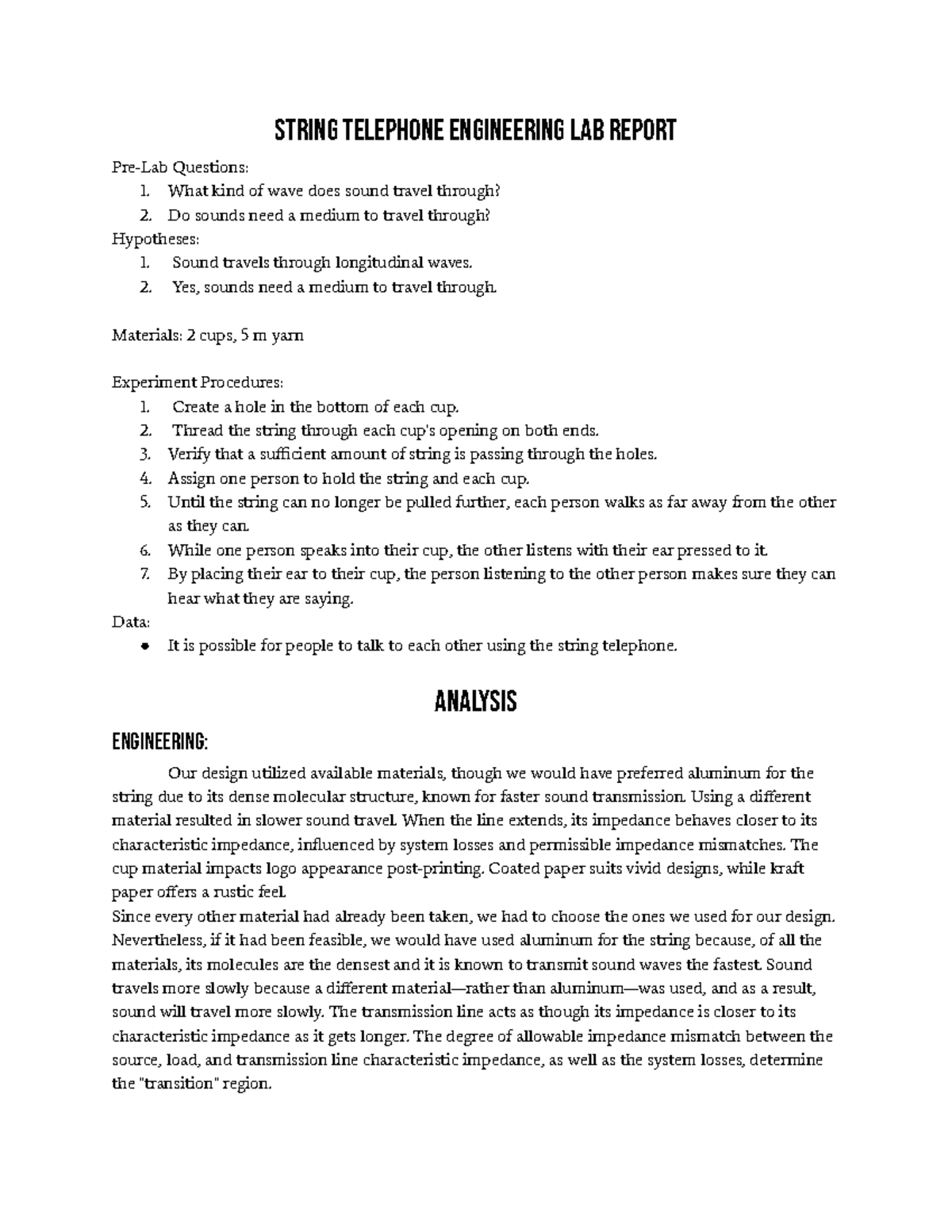 String Telephone Engineering Lab Report - Scout Experiment Analysis ...