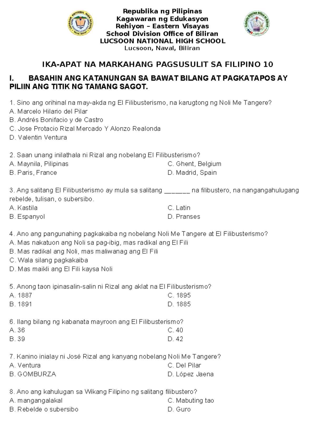 IKA-APAT NA MARKAHANG PAGSUSULIT SA FILIPINO 10 - Studocu