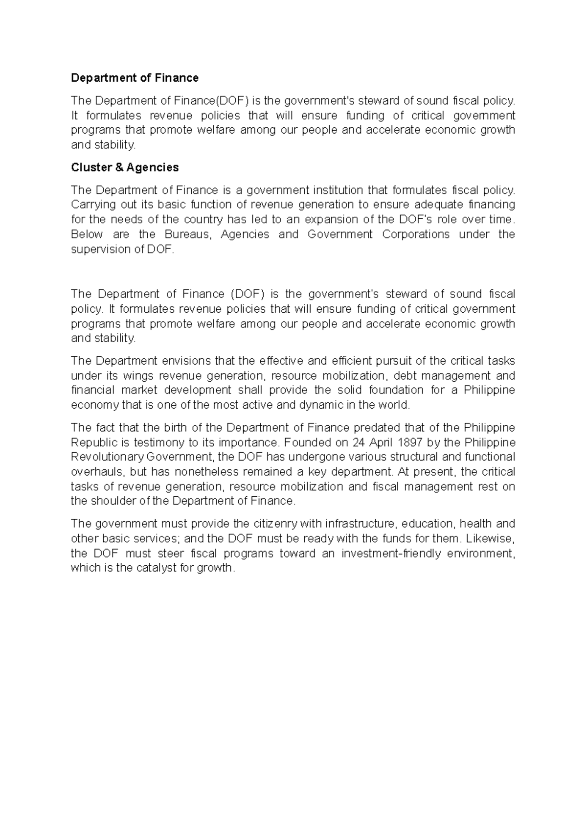 Rules and Function of DOF - Department of Finance The Department of ...