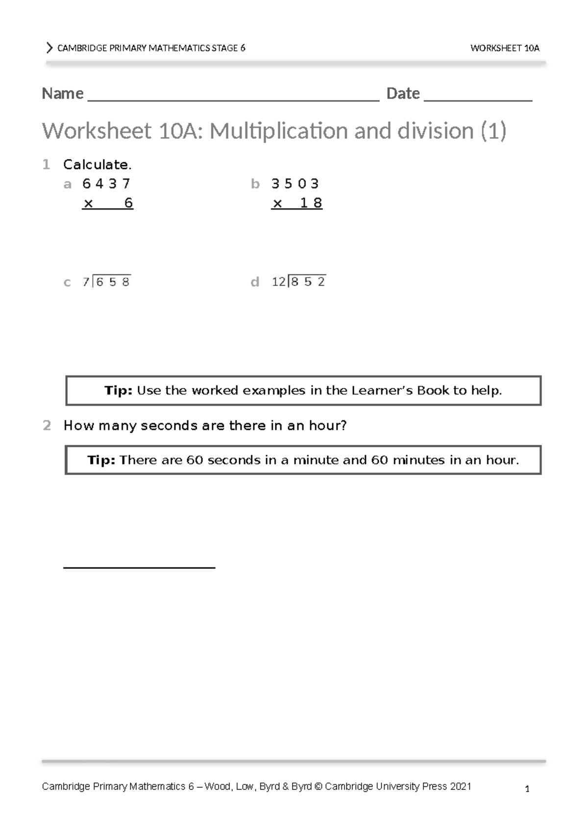 CAMBRIDGE PRIMARY MATHEMATICS STAGE 6 WORKSHEET 10A - Studocu
