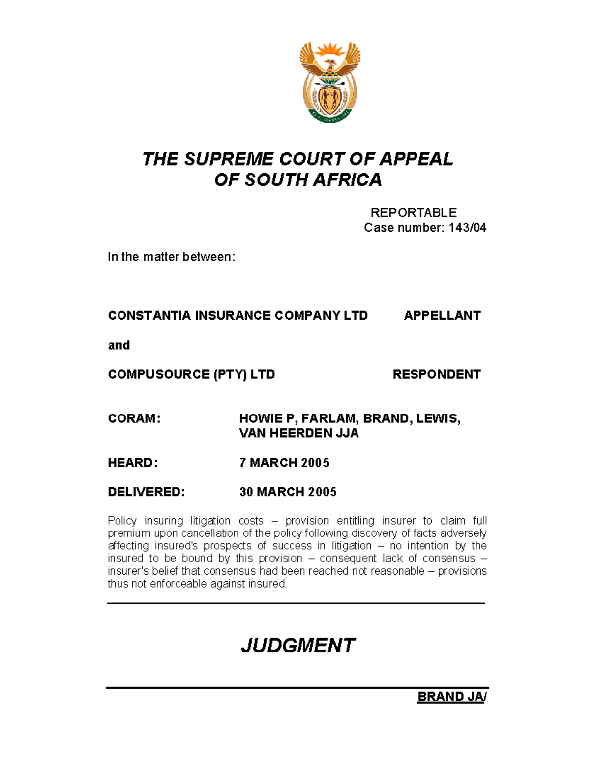 Case Study: CONSTANTIA INSURANCE CO. LTD v COMPUSOURCE (PTY) LTD - Studocu